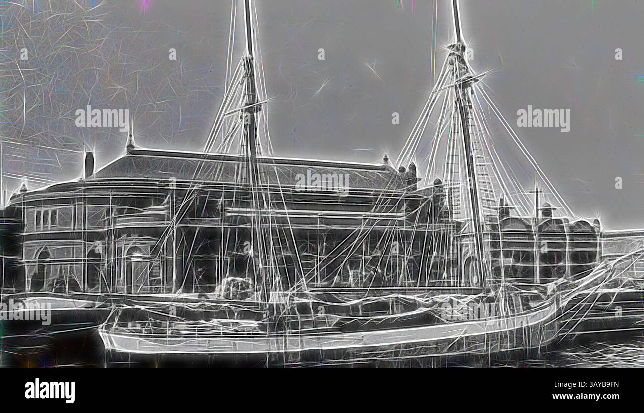 A historic ship docked beside a classic waterfront building, with ...