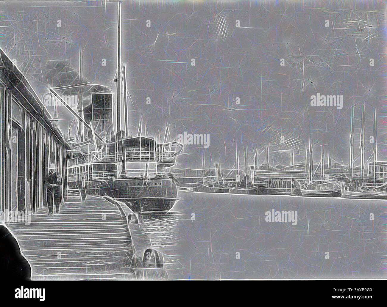 A scenic view of a dock with a vintage ship moored nearby, surrounded ...