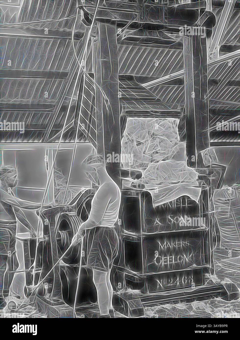 A historical scene featuring two workers engaged in operating a large ...