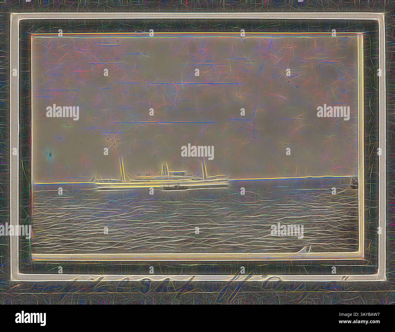 A serene seascape features a classic boat gently gliding across calm ...