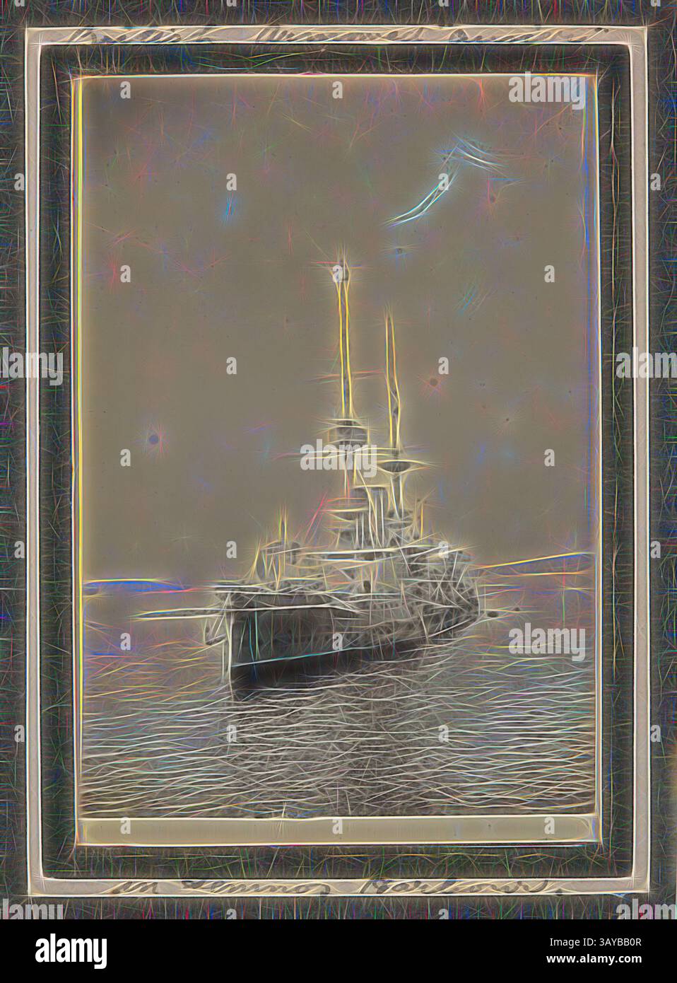 A stylized ship gracefully navigates calm waters, framed by an artistic ...