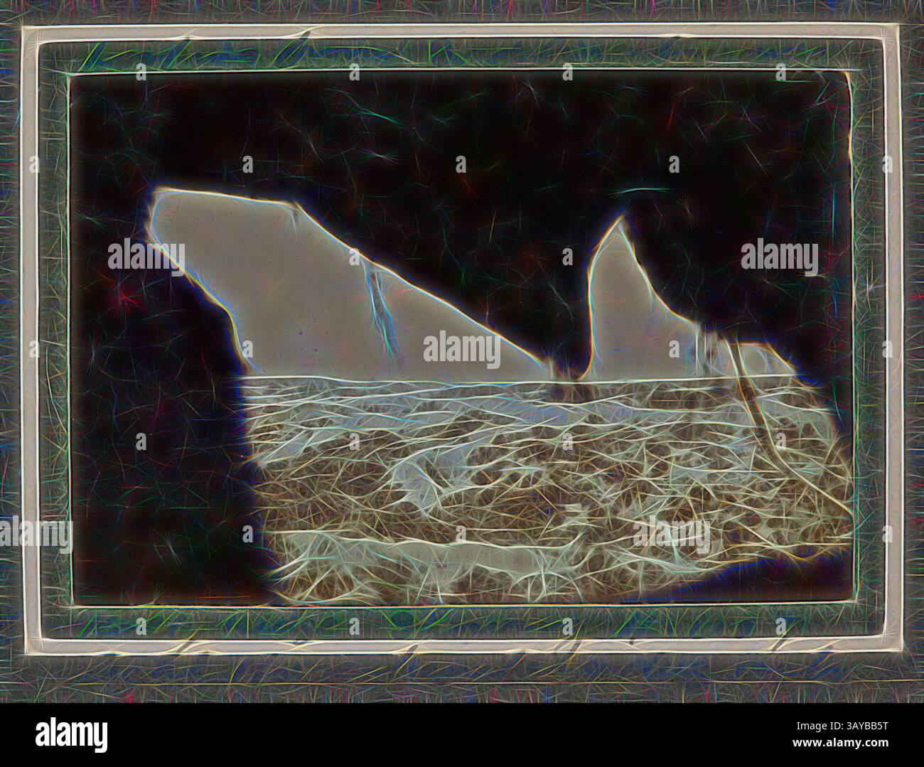 A surreal landscape featuring jagged peaks rising from a textured ...