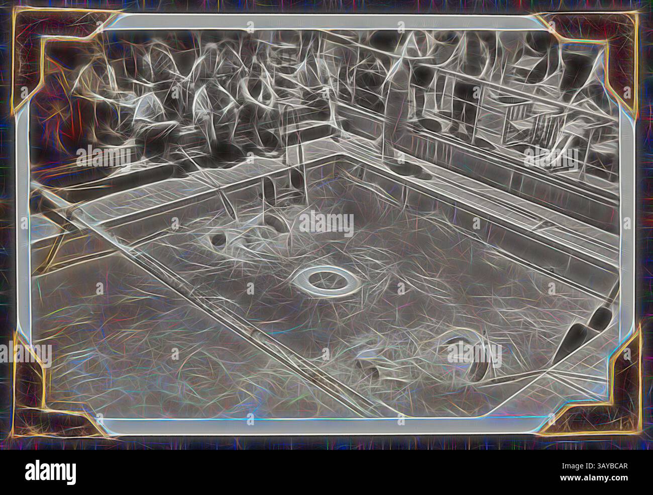 A lively scene captures a swimming pool surrounded by spectators, with ...