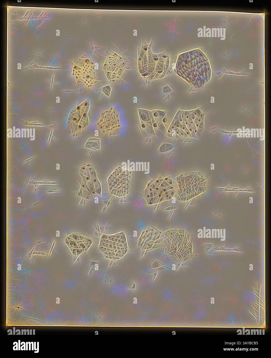 An abstract arrangement of irregular shapes and intricate patterns ...