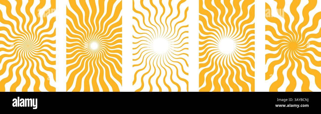 Yellow sun rays backgrounds set. Wavy rays in groovy style. Abstract sun burst poster ...
