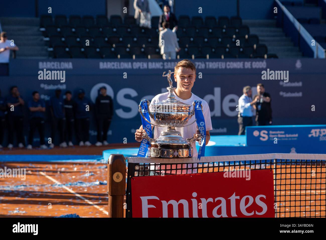 Holger Rune Danish tennis player lifts a trophy during the final of the ...