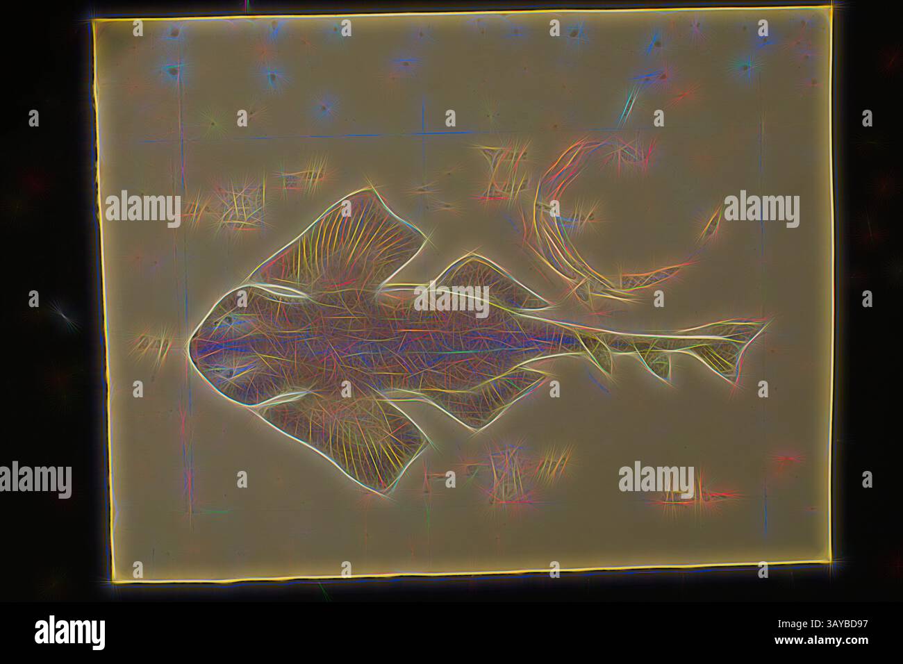 An abstract depiction of a stylized fish, featuring vibrant lines and ...