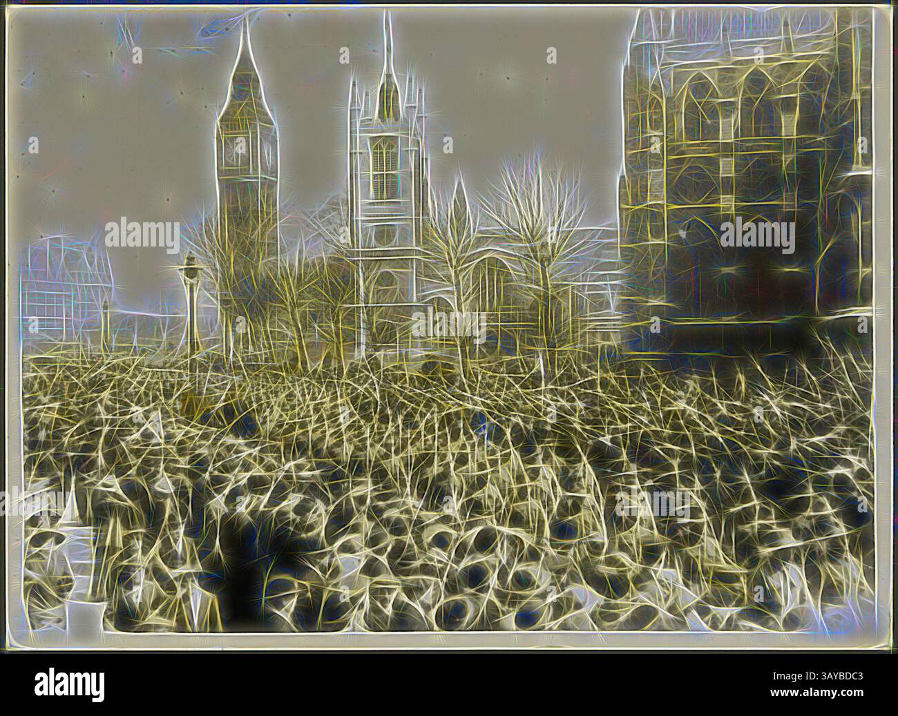 A large crowd gathers in a city square, surrounded by historic ...