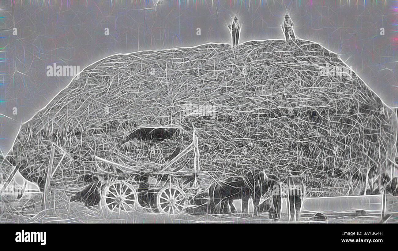 Two figures stand atop a large mound of hay, overseeing a rustic scene ...