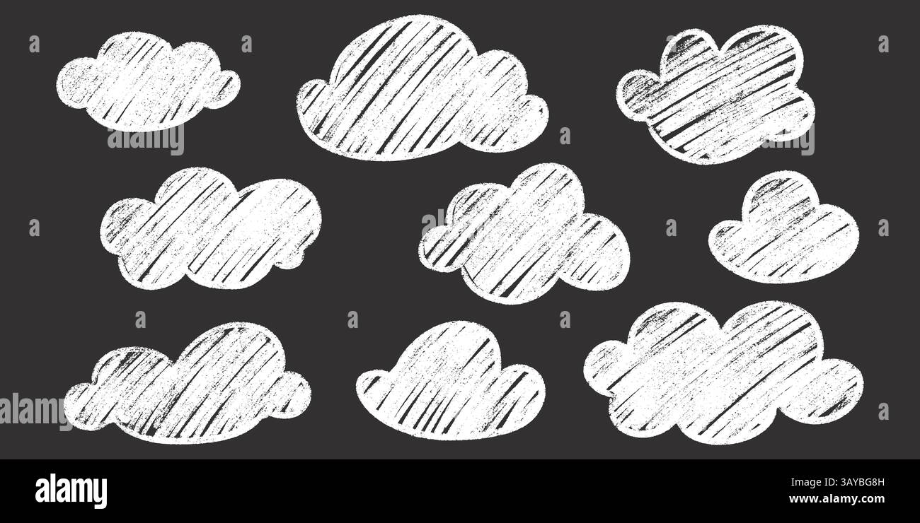 Chalk clouds kid drawing set white artistic handwritten style outlines ...