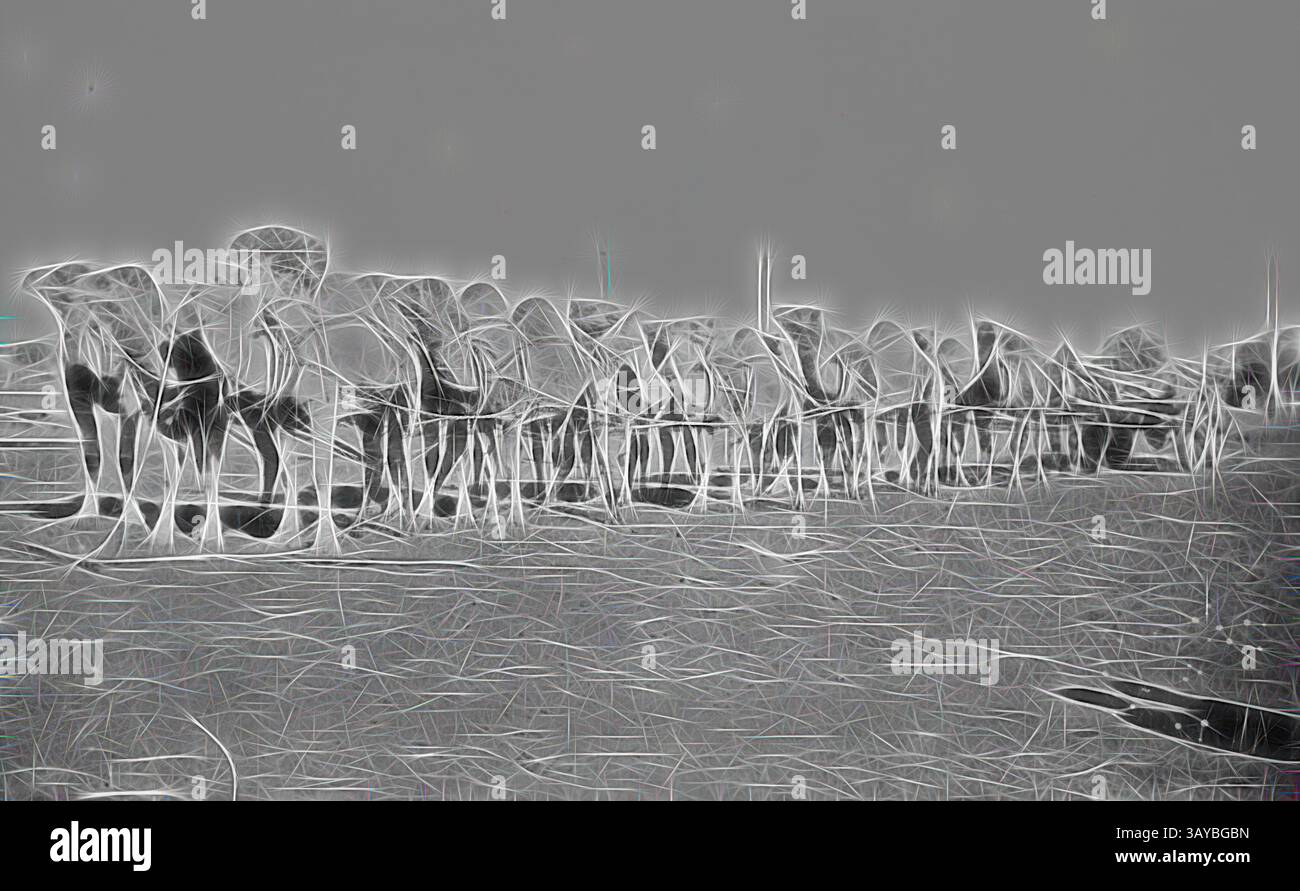 A line of stylized camels stands against a surreal landscape, their ...