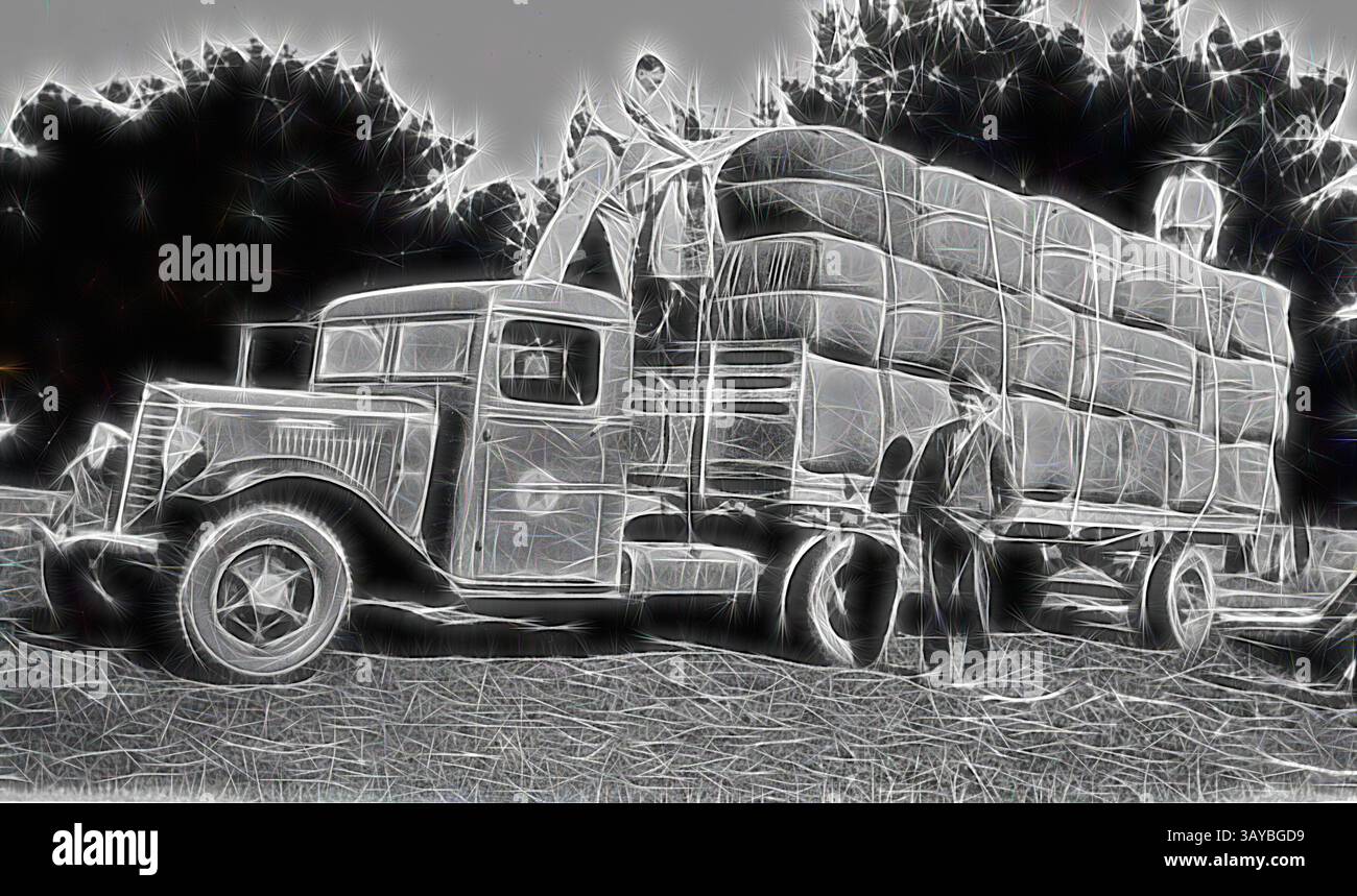 A vintage truck loaded high with bales of hay, while two men oversee ...