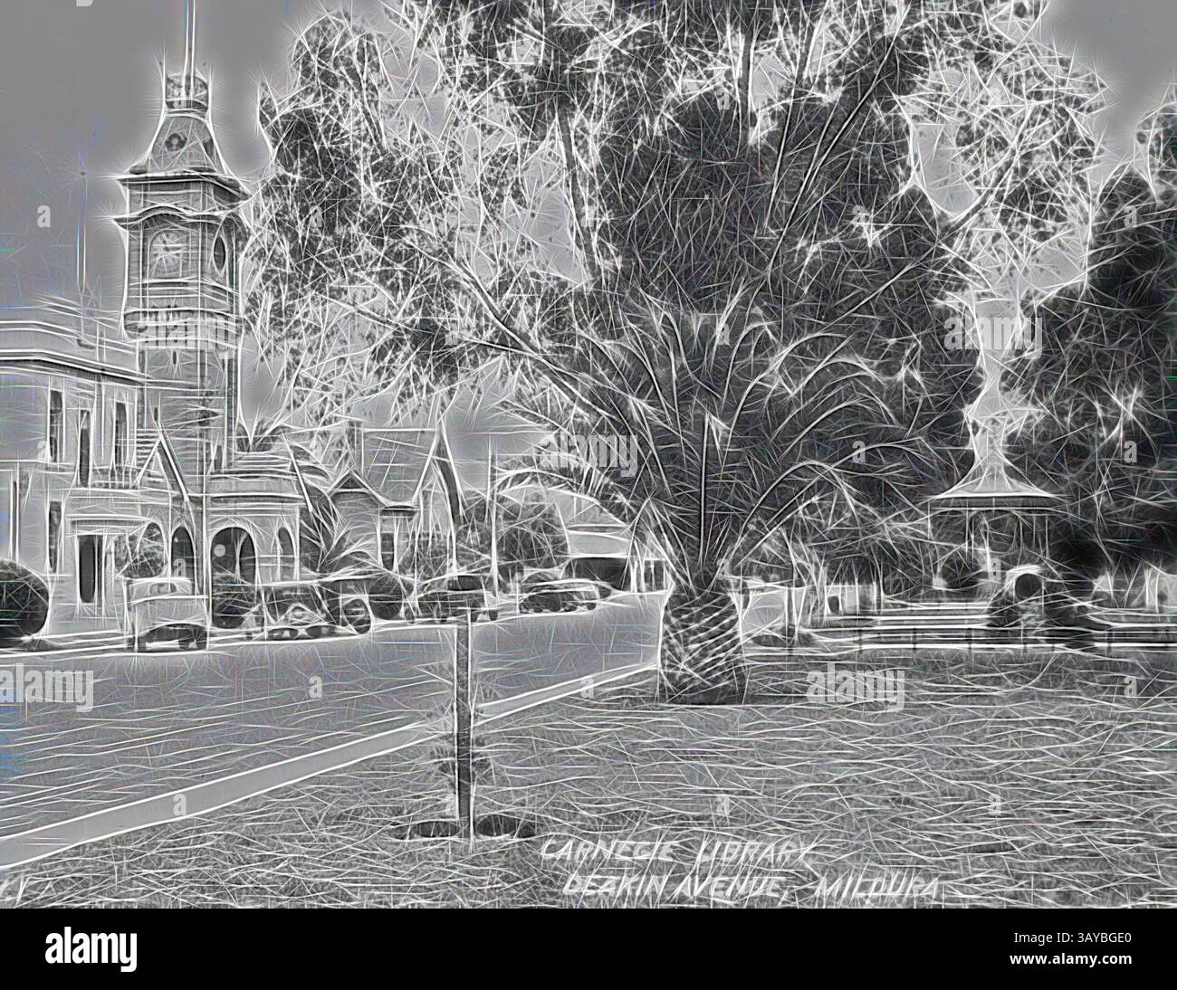 The scene features a historic library with a distinctive clock tower ...