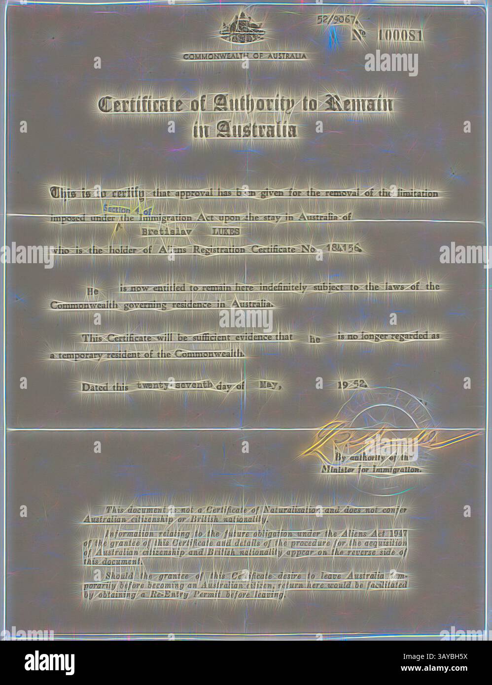 A certificate of authority to remain in Australia, detailing an ...