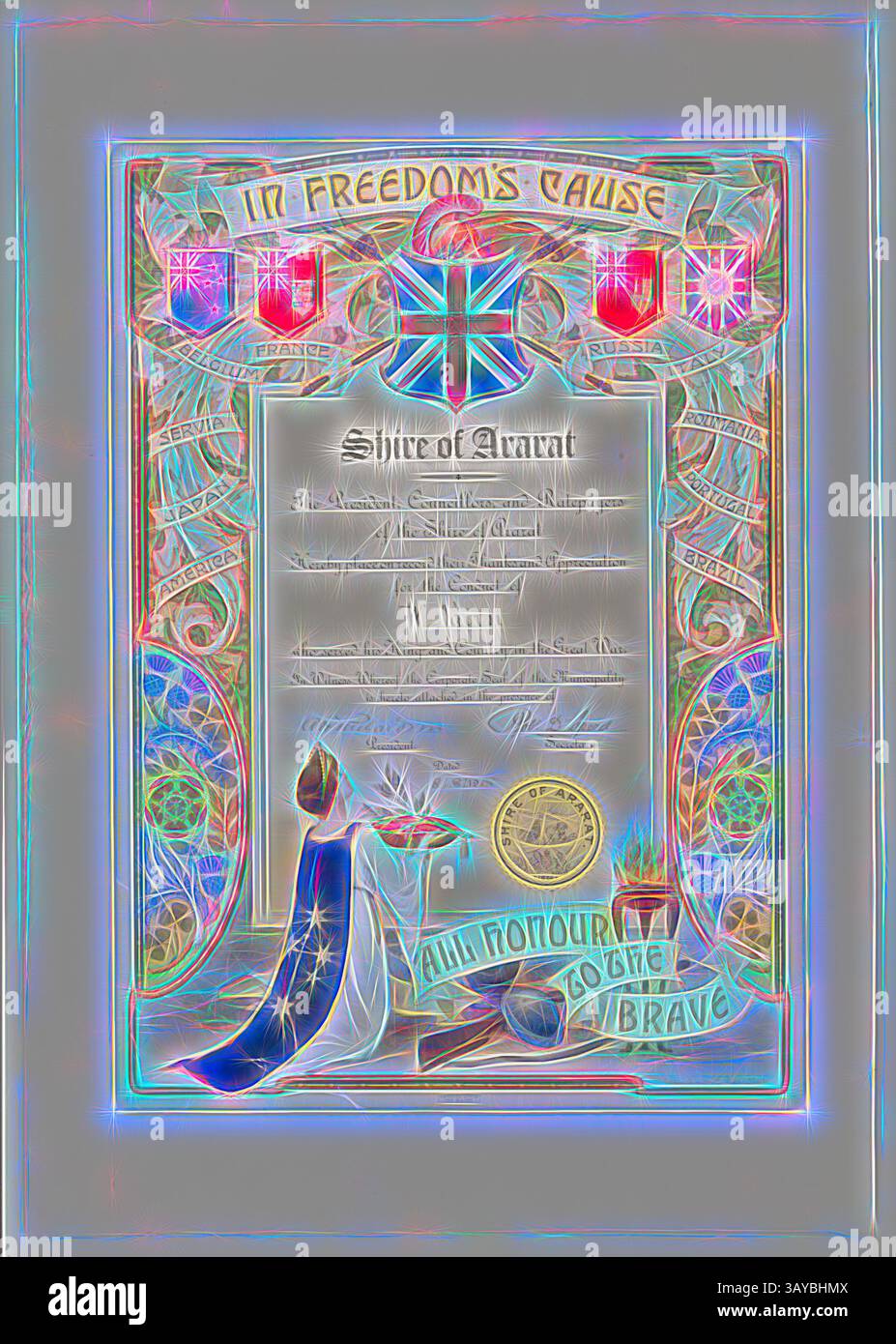 A decorative certificate featuring ornate borders and illustrations ...