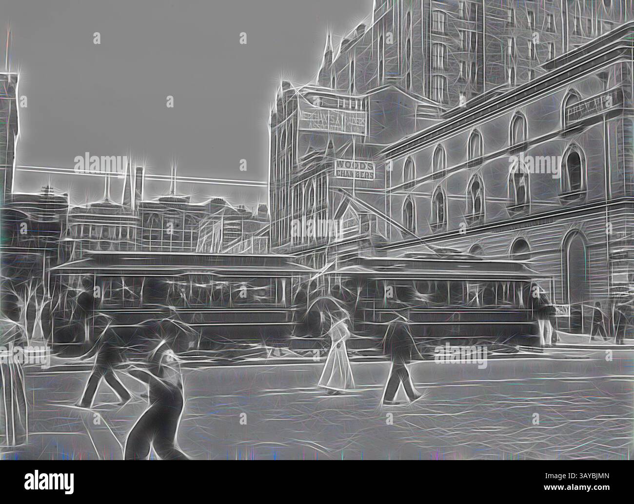 A bustling urban scene featuring vintage streetcars, with pedestrians ...