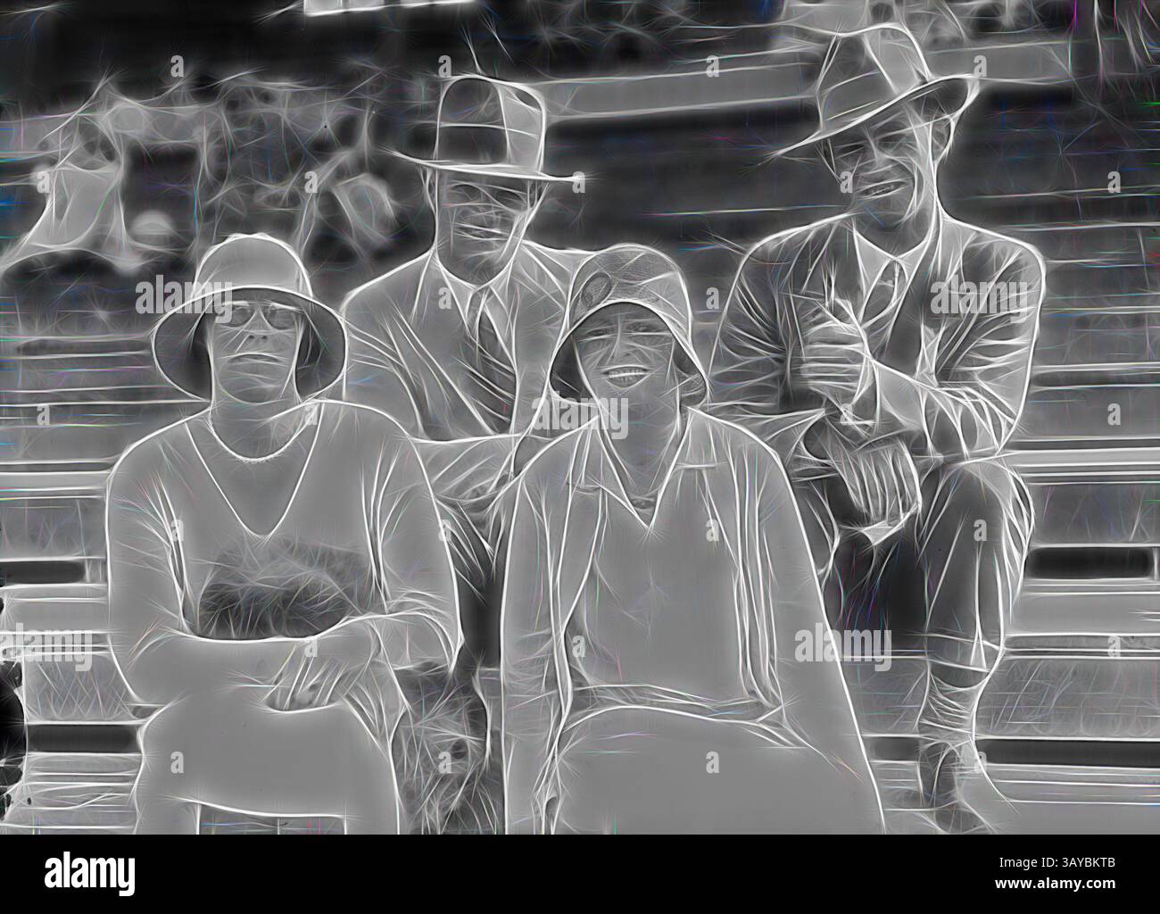 A group of four individuals sit together, dressed in vintage attire ...