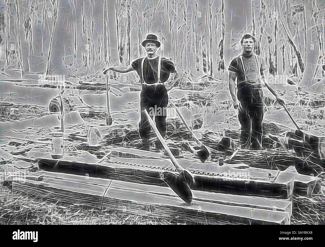Two men stand among trees, equipped with tools and surrounded by logs ...