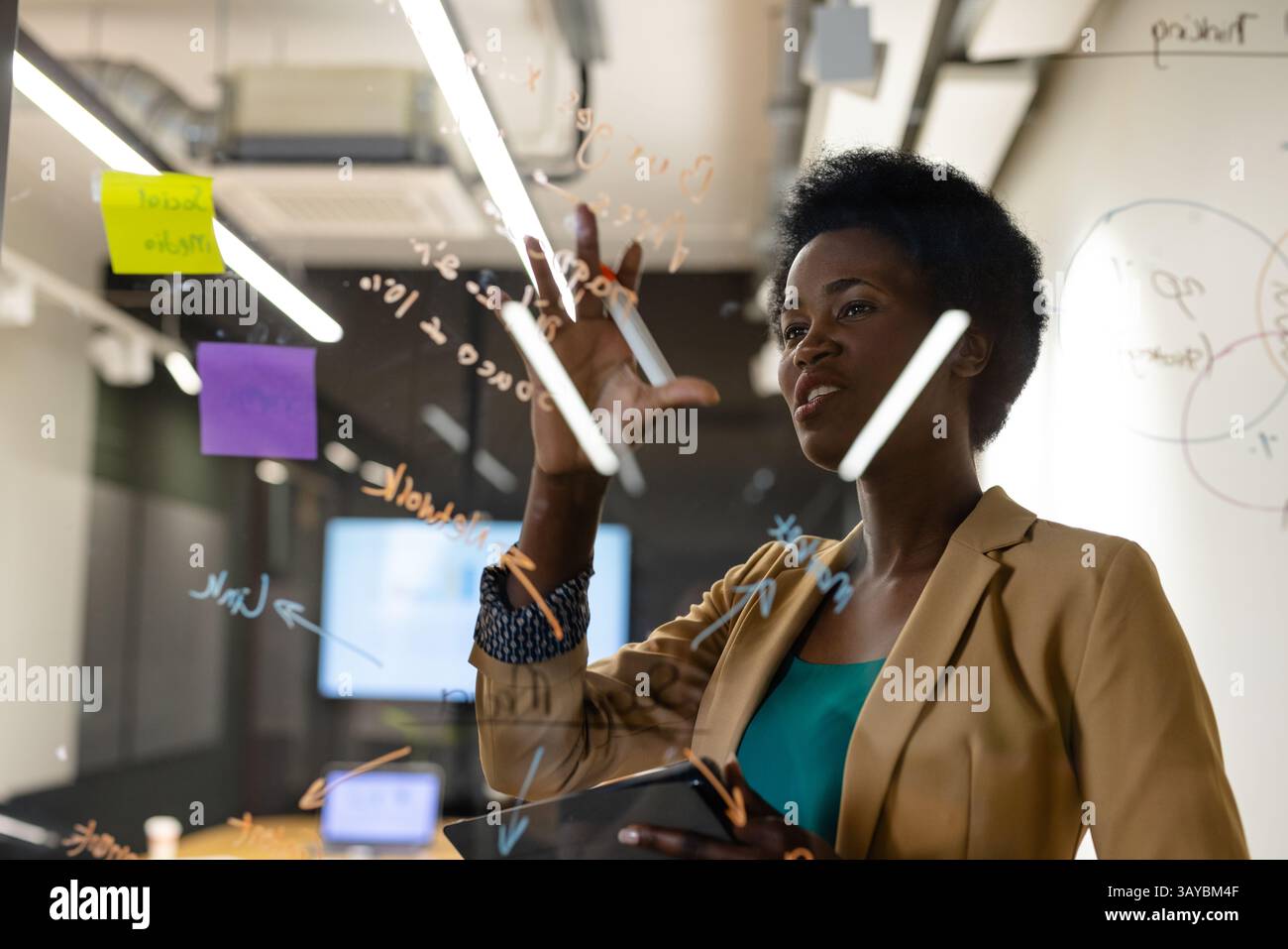 African American woman marking notes on glass wall with orange marker ...