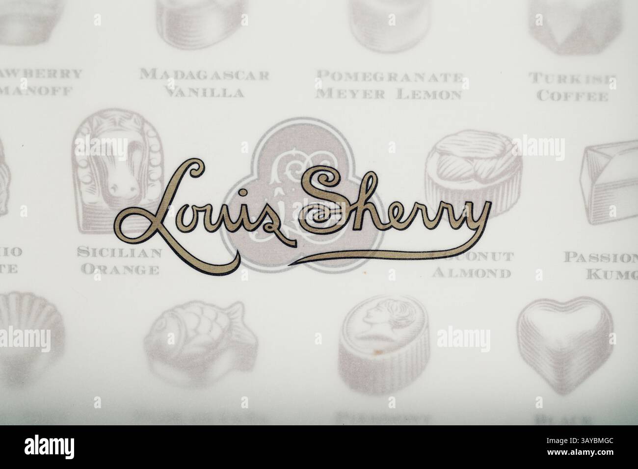 paper, diagram of chocolate flavors inside of Louis Sherry box of ...