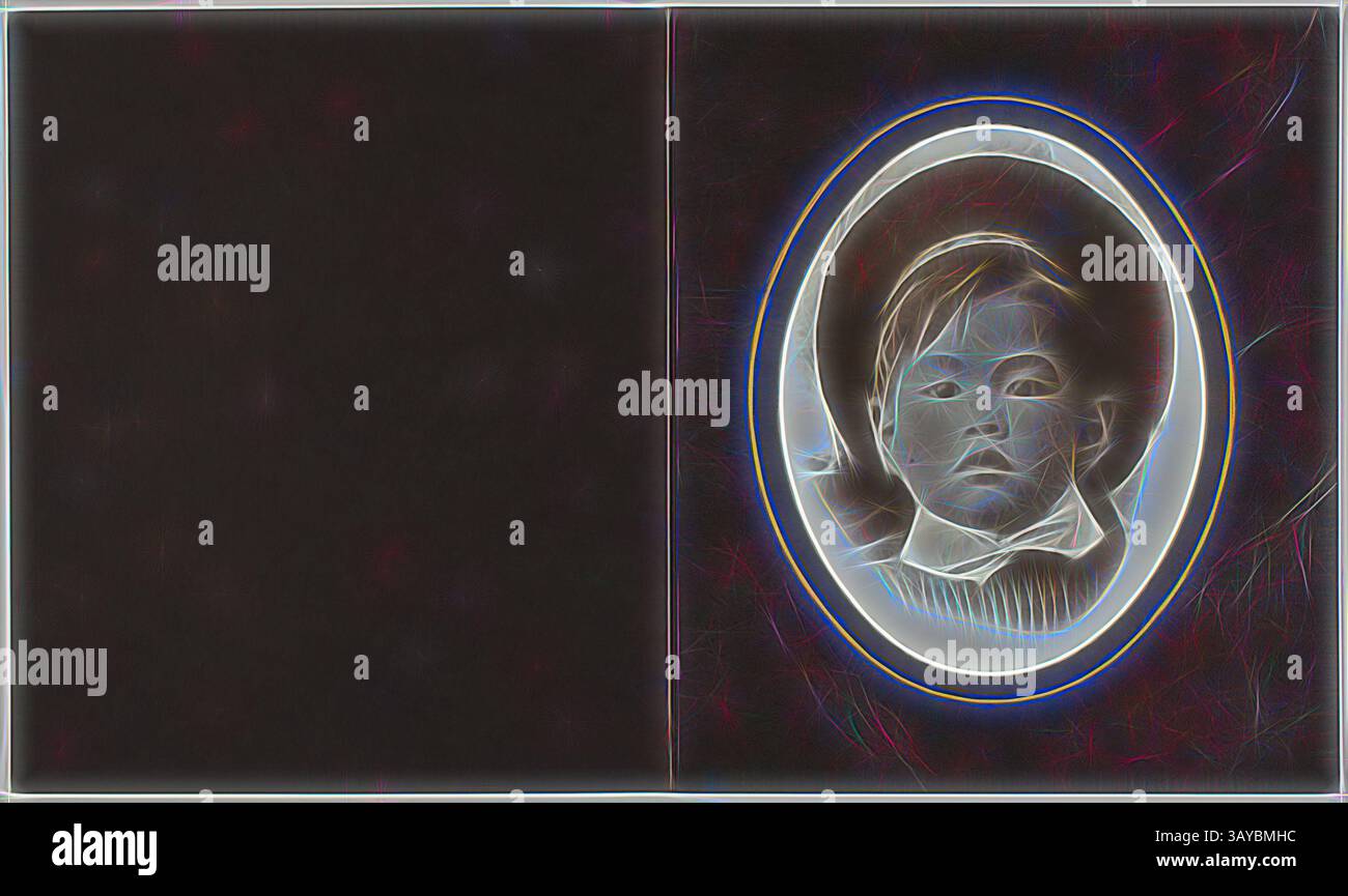 An abstract representation of an infant's portrait encased in an ornate ...