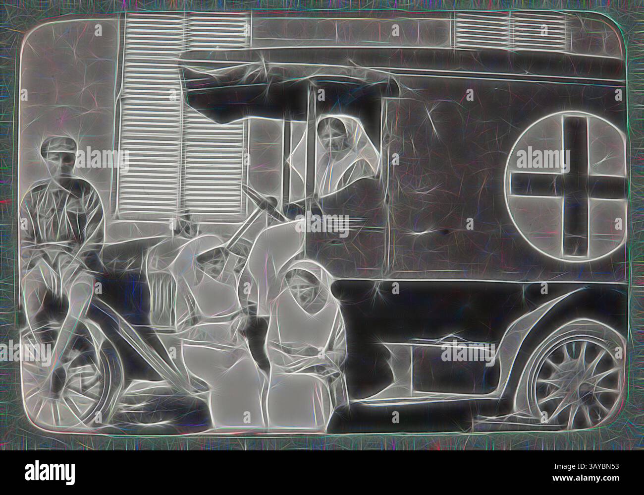 A group of individuals gathers around an early 20th-century ambulance ...