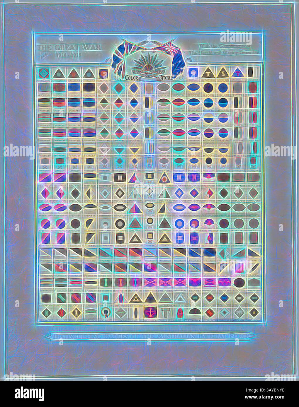 A detailed and vibrant display of symbols and insignias, organized in a ...