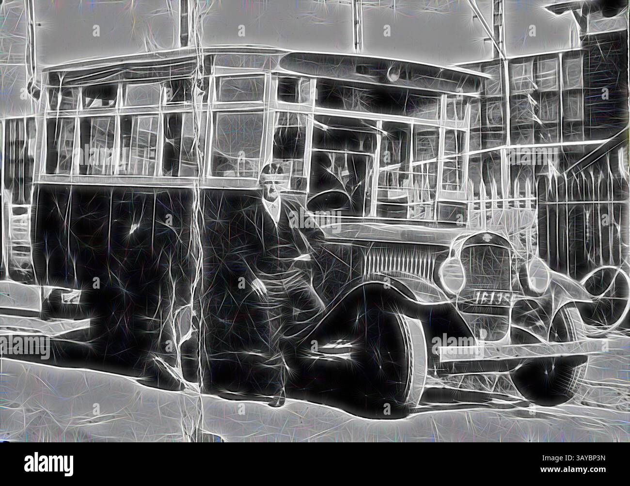A vintage streetcar stands beside a man dressed in early 20th-century ...