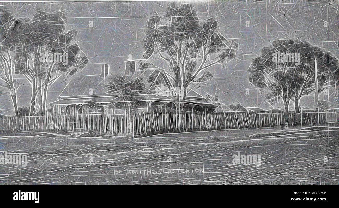 A rustic house stands framed by tall trees, enclosed by a wooden fence ...