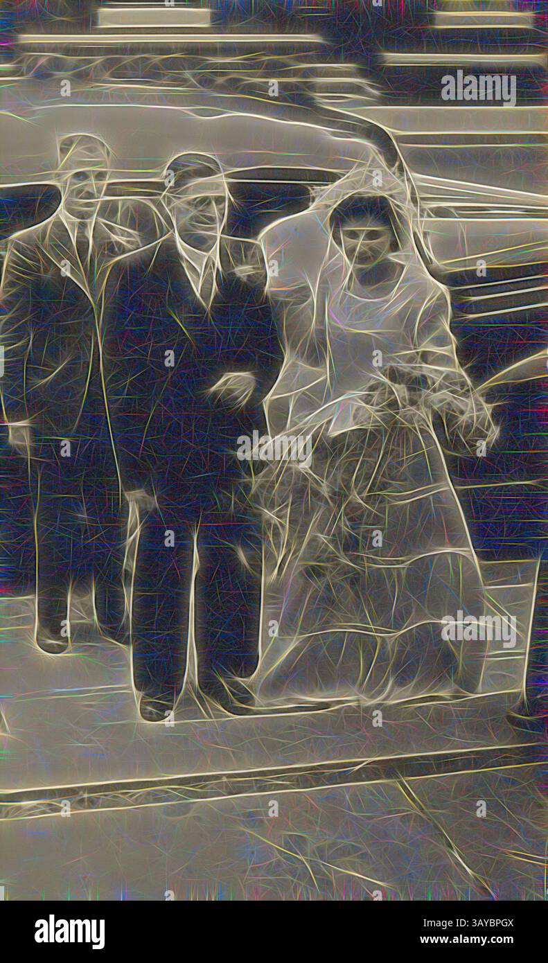 A bride in a flowing gown holds a bouquet, accompanied by two men ...