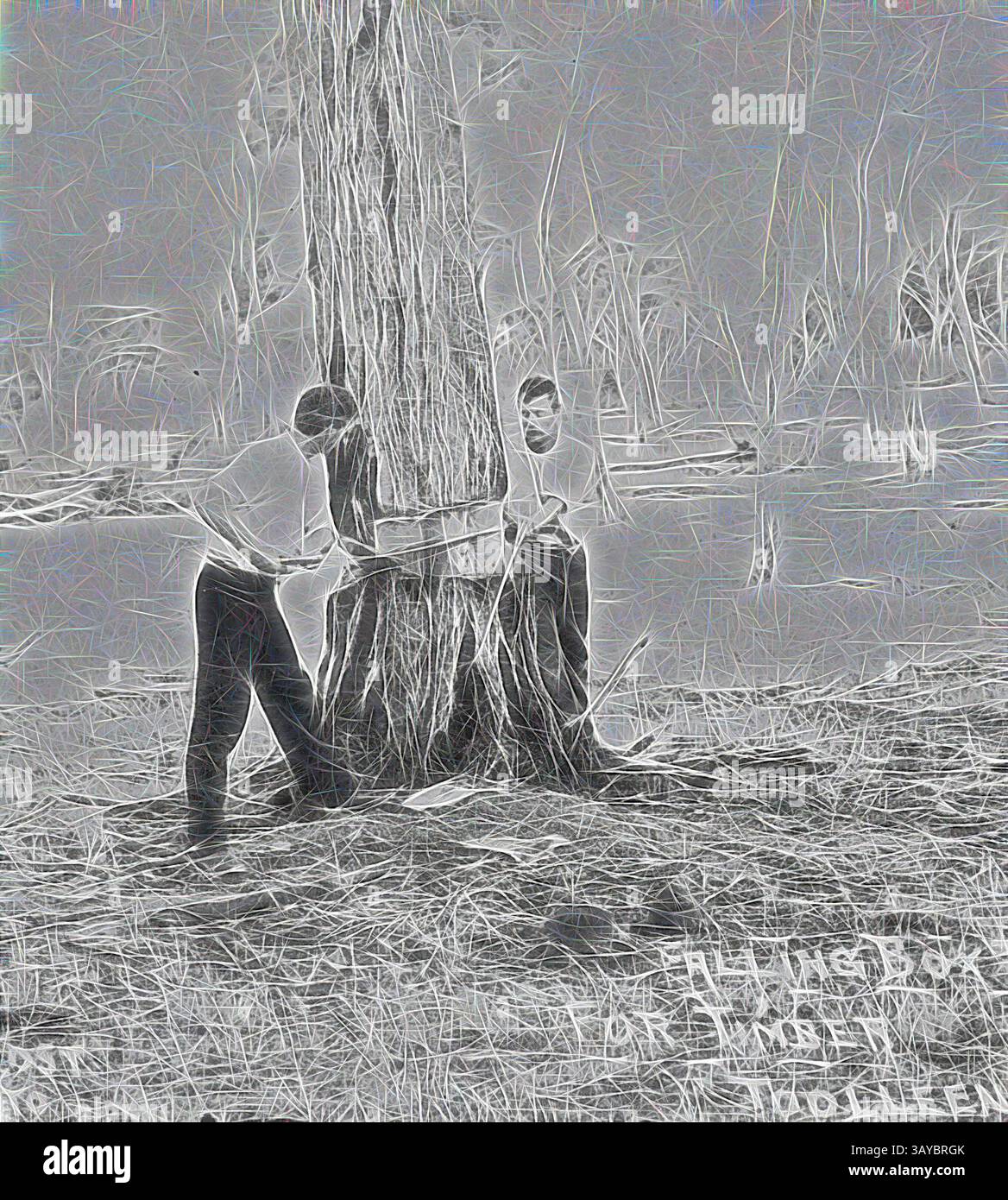 Two men work collaboratively to saw through a large tree trunk, demonstrating teamwork and labor ...