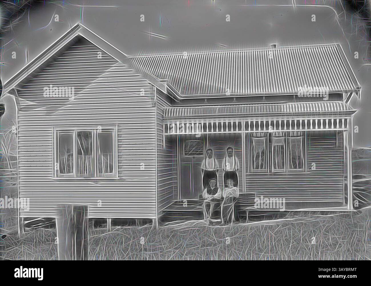 A simple, rustic house stands prominently with a porch, flanked by two ...