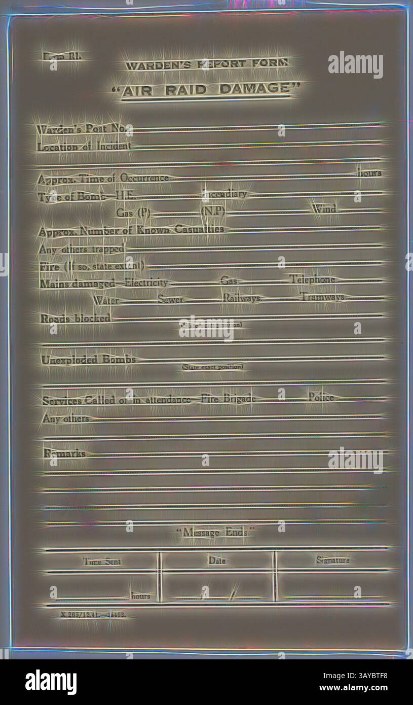 A form documenting details of air raid damage, including sections for ...