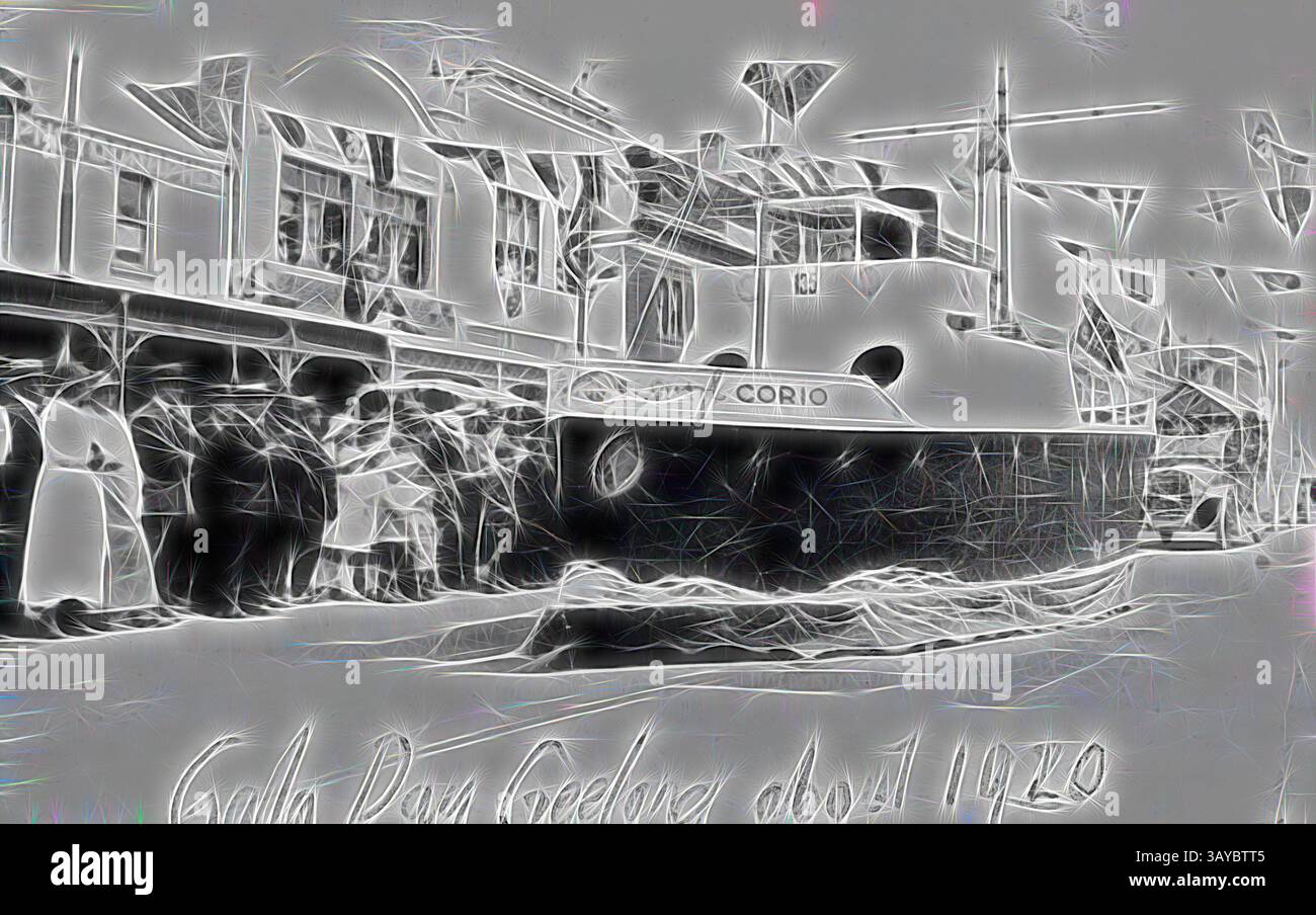 A historic waterfront scene featuring a steamboat named "Corio" docked ...