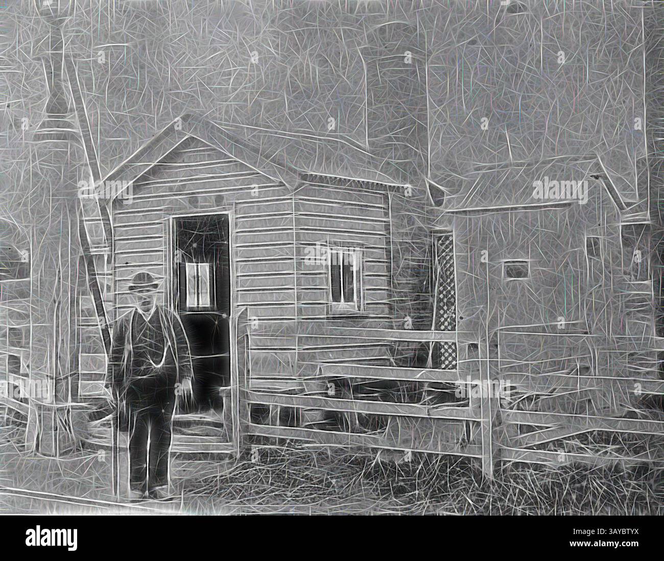 A solitary figure stands beside a rustic wooden cabin, framed by a ...