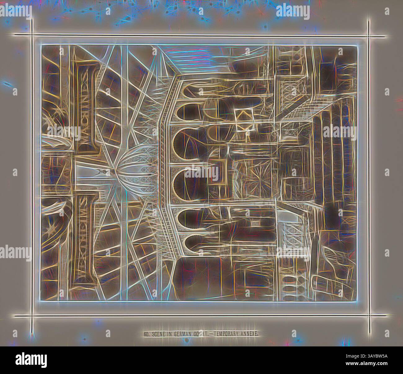 An intricate architectural design features bold lines and ornate ...