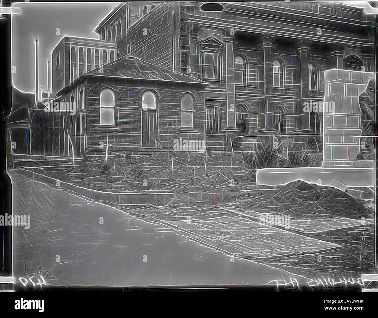 An abstract representation of an architectural scene featuring a two ...