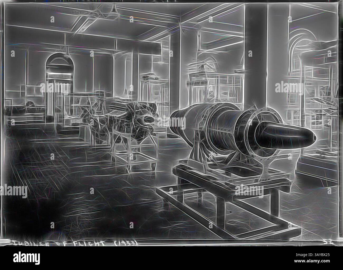 A sleek, futuristic aircraft engine is showcased prominently in a ...