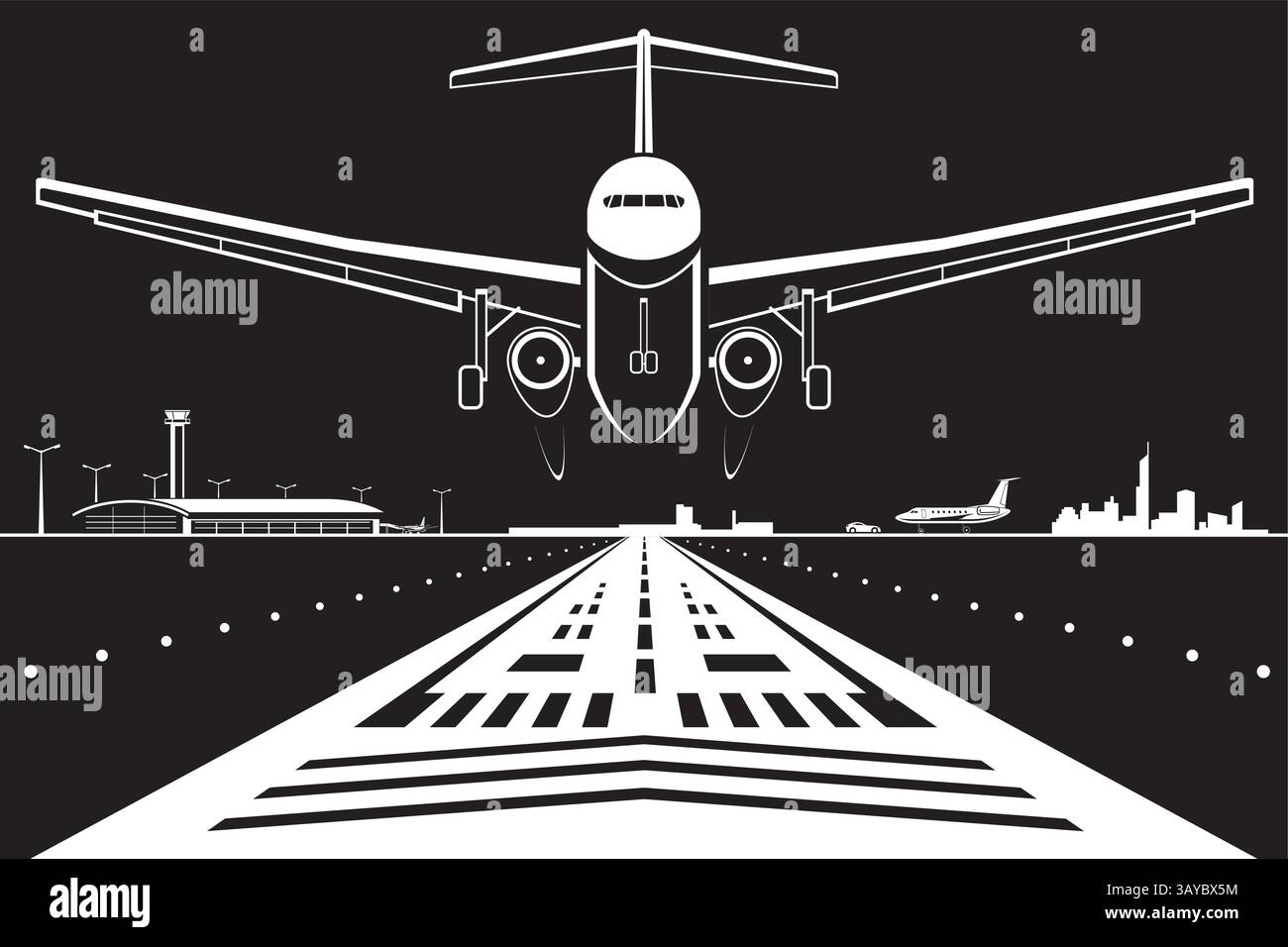 Private jet take off from airport by night – vector illustration Stock ...
