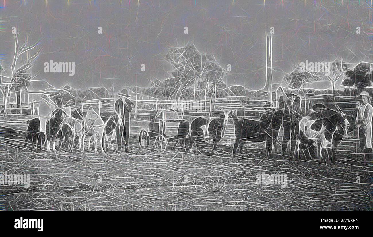 A rural scene featuring a group of people tending to a collection of ...