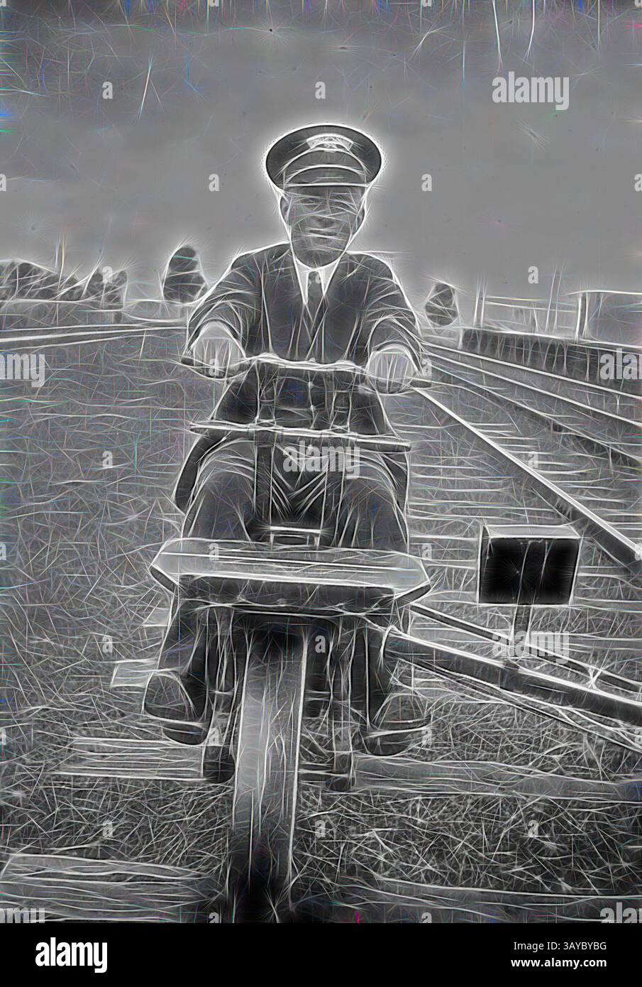 A figure in a uniform operates a vintage vehicle along railway tracks ...