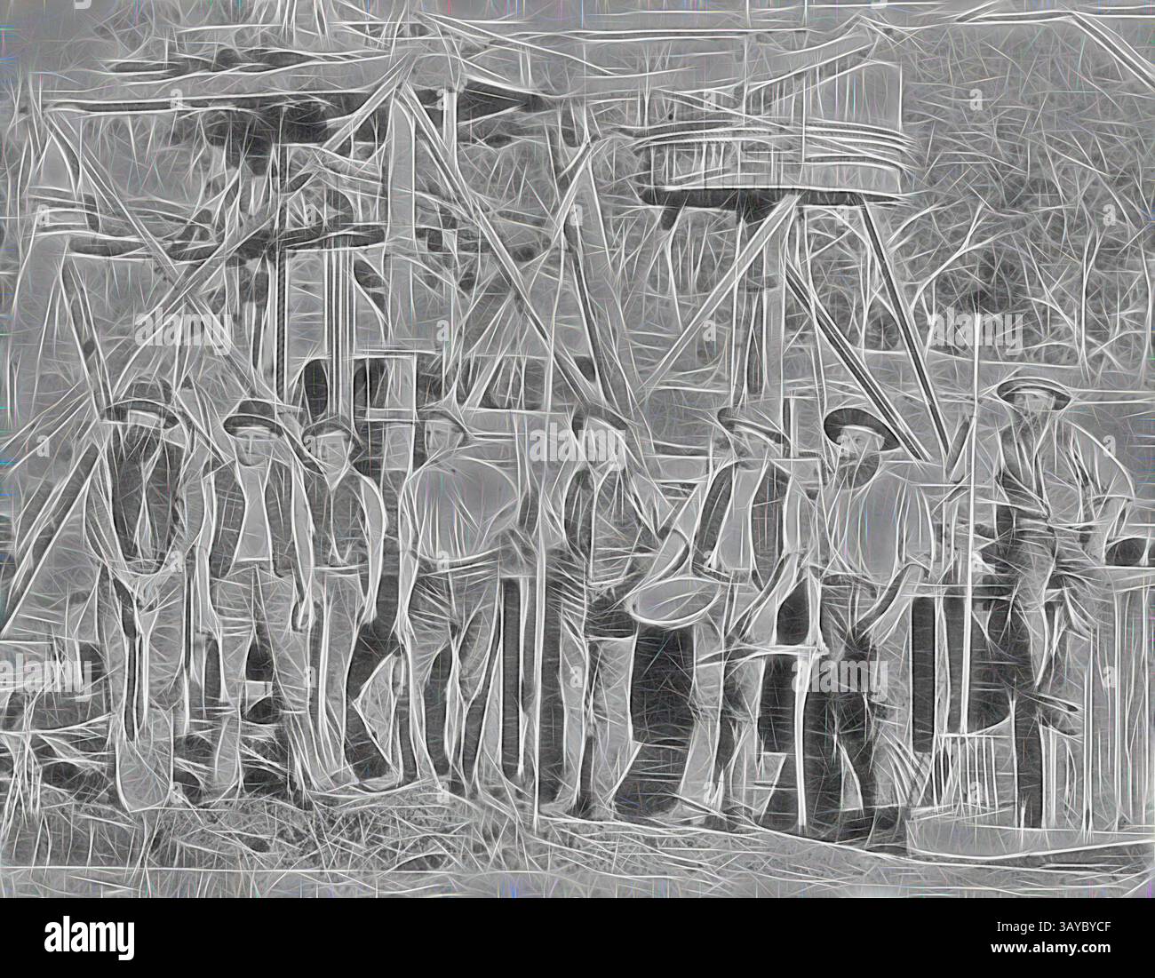 Negative miners in front of horse whim mine shaft hea hi-res stock ...