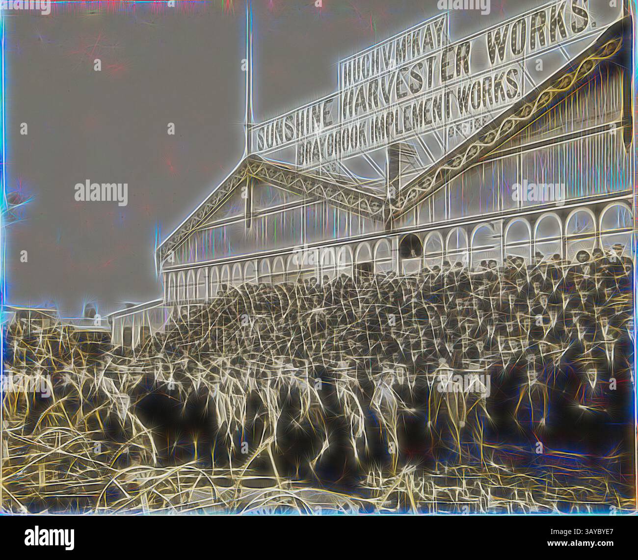A large crowd gathers in front of an industrial building with a ...