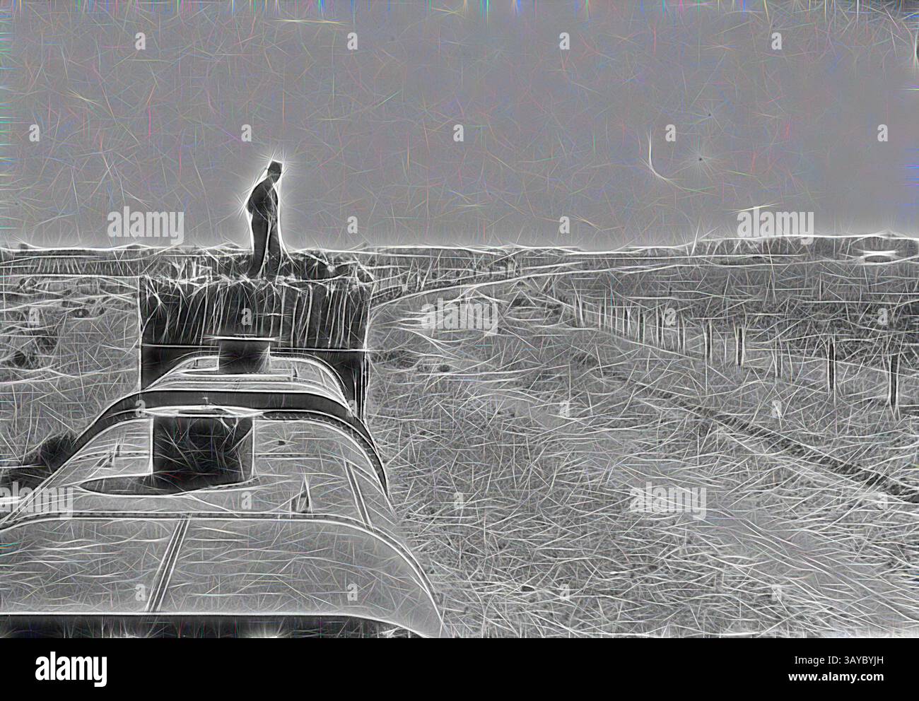 A figure stands atop a train car, gazing out over a vast, open ...