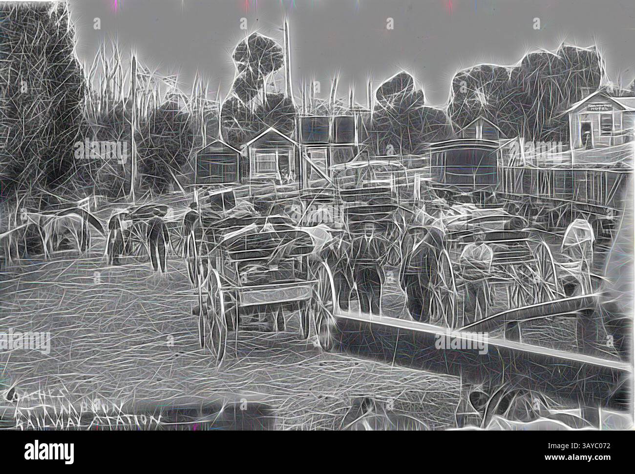 A busy railway station scene featuring people interacting around ...