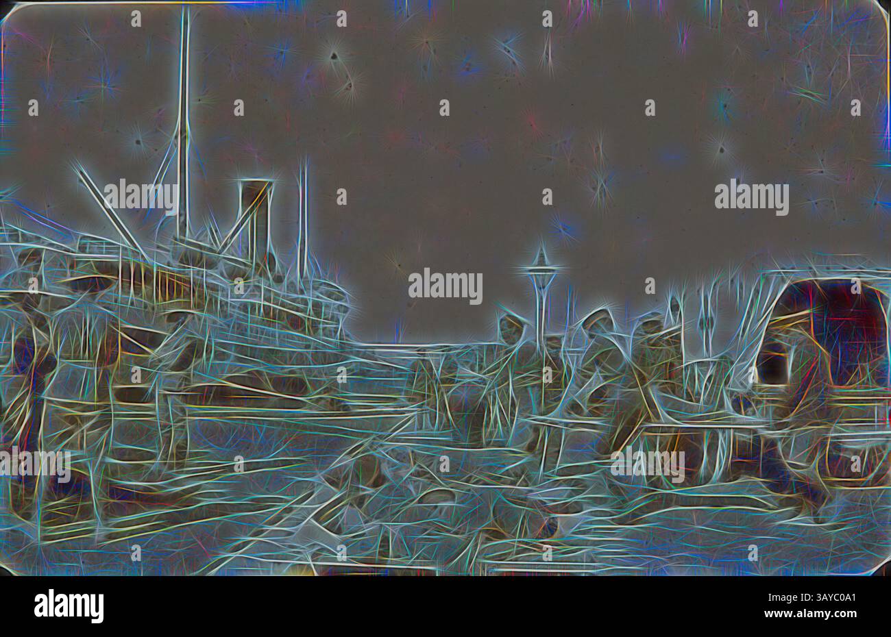 A stylized scene depicting a busy harbor with steamboats, towering ...