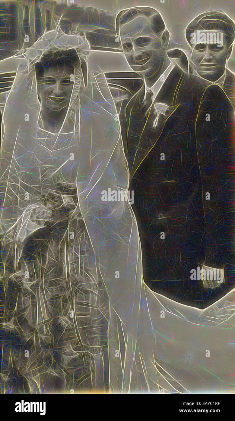 A smiling couple dressed in formal attire stands together, surrounded ...