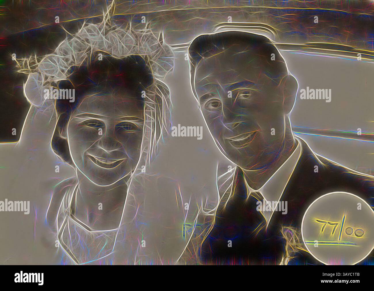 A couple poses together with big smiles, highlighting a joyful moment ...