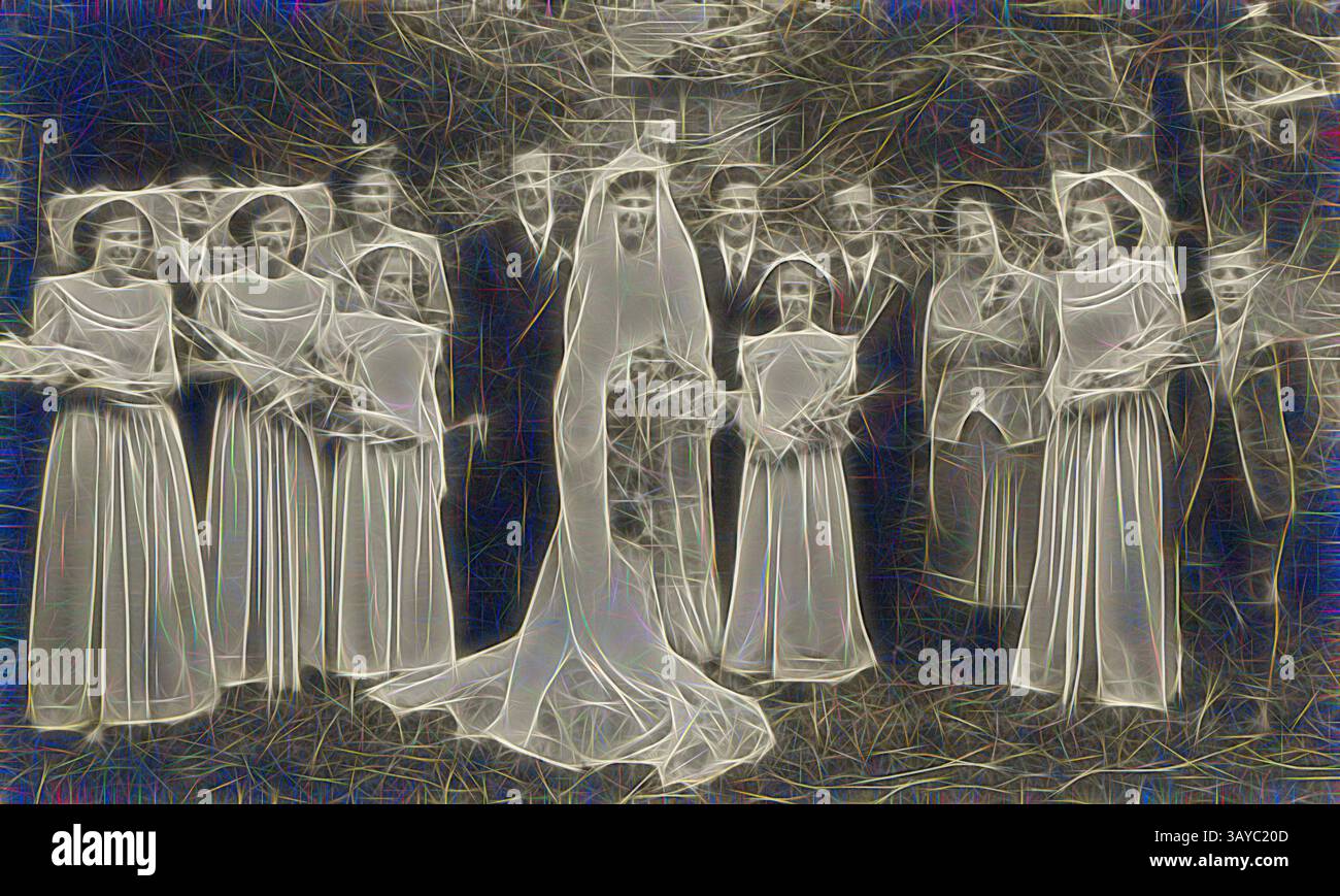 A wedding party gathers outdoors, with the bride standing prominently ...