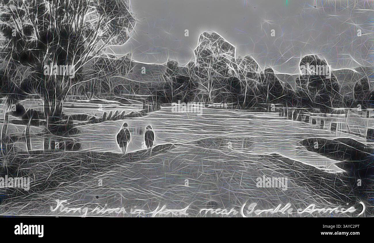 Two figures stroll along a serene riverside, framed by distant trees ...
